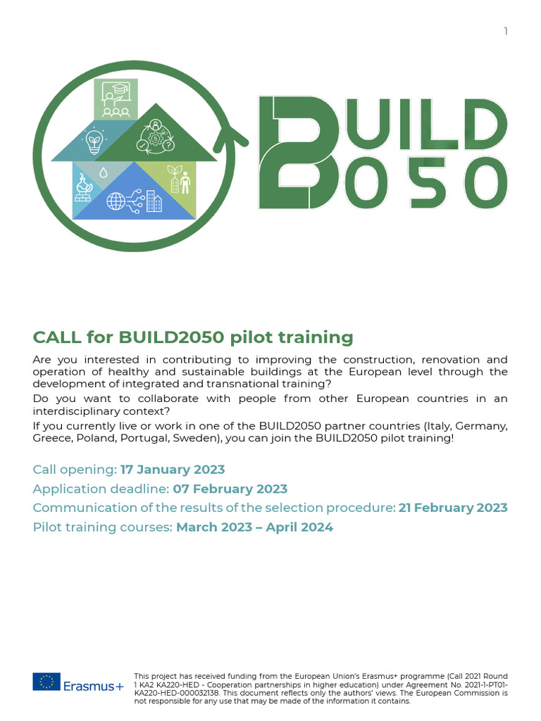 BUILD2050 Erasmus+ Pilot Training Call | PDF | Engineering | European Union