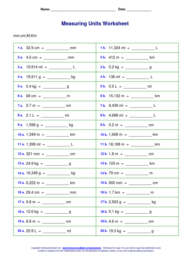 Measurement Units Worksheet | PDF | Artillery