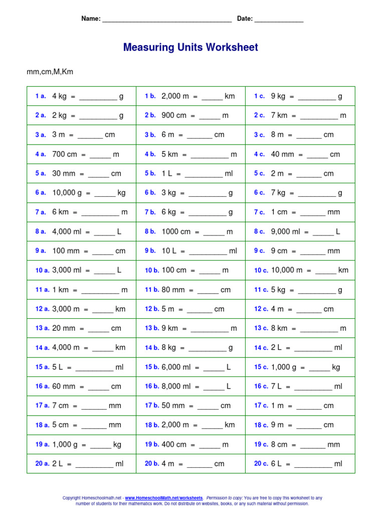 Measurement - Units - Worksheet 2 | PDF | Artillery