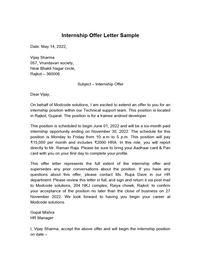 Internship Offer Letter Sample | PDF