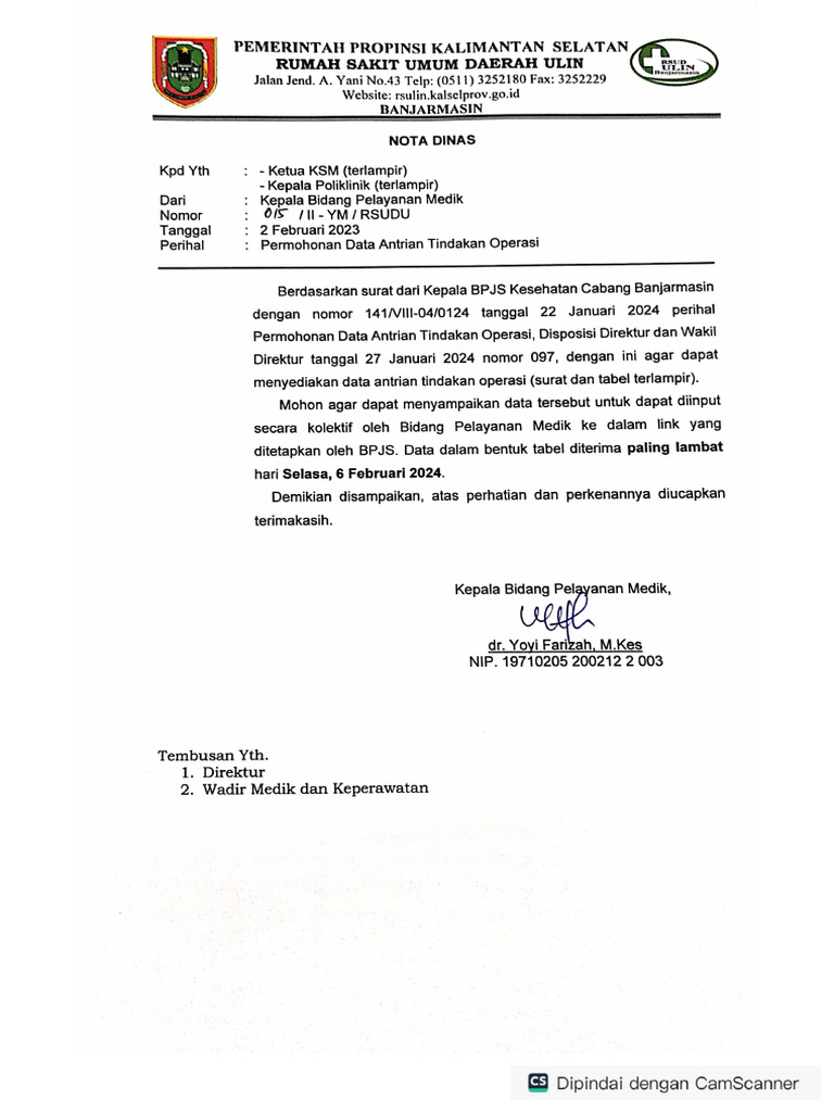 Nota Dinas Data Antrian Operasi | PDF