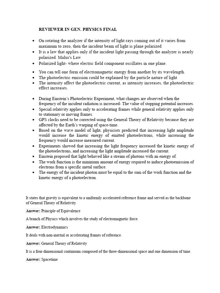 Reviewer in Gen. Physics Final | PDF | Photoelectric Effect | Light