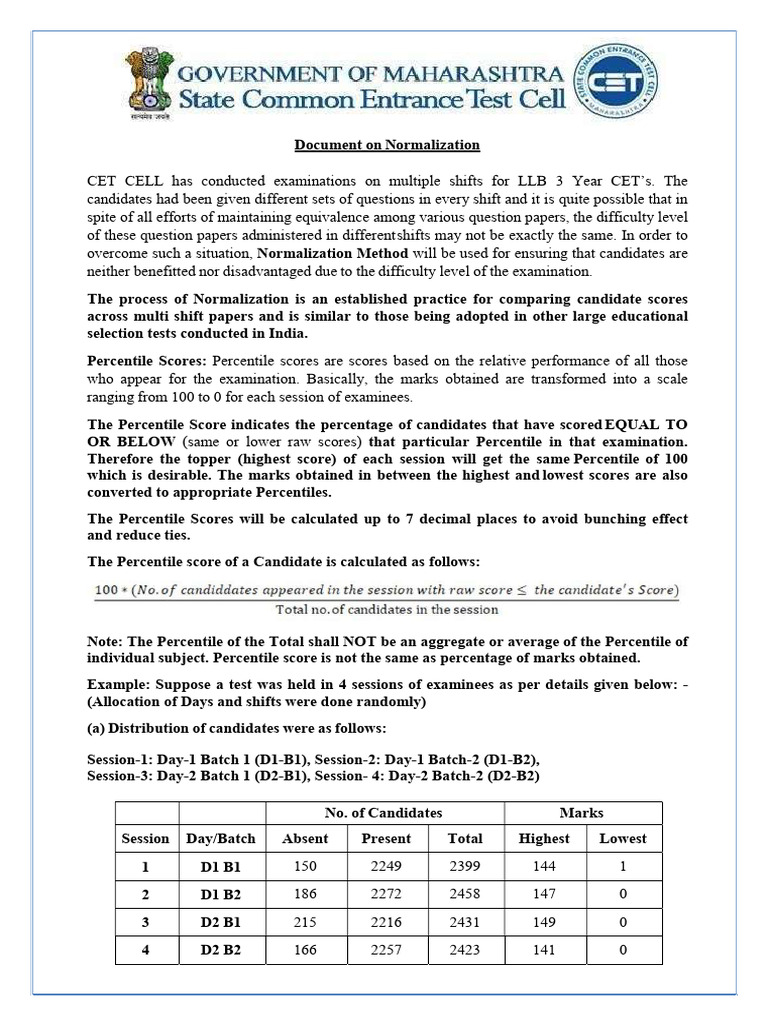 Normalization Method for LLB CET Scores | PDF | Percentile