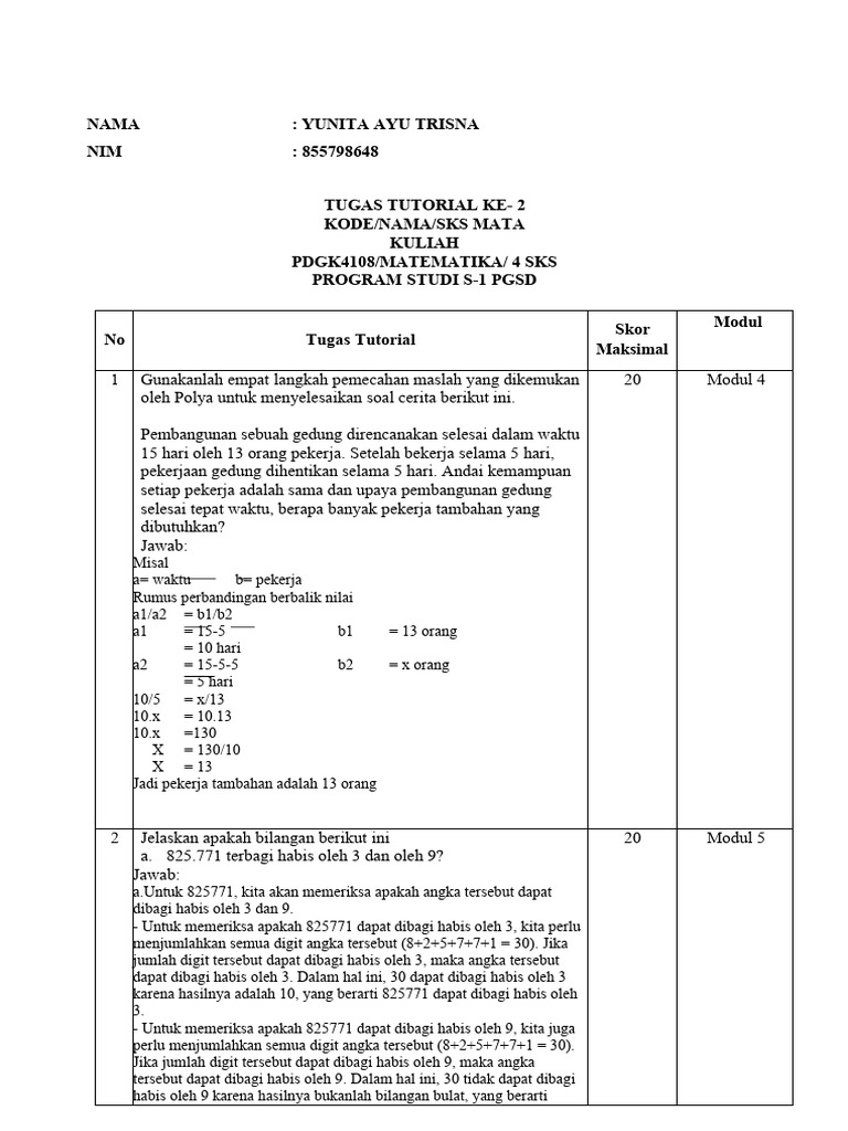 Yunita Ayu Trisna-855798648 (Tugas 2 Matematika - pdgk4108 - 2024.1) | PDF
