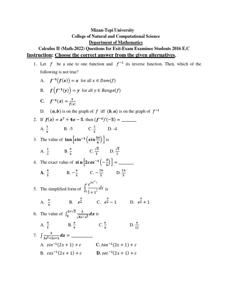 Calculus II Exit Exam Questions 2016 E.C. | PDF | Power Series ...