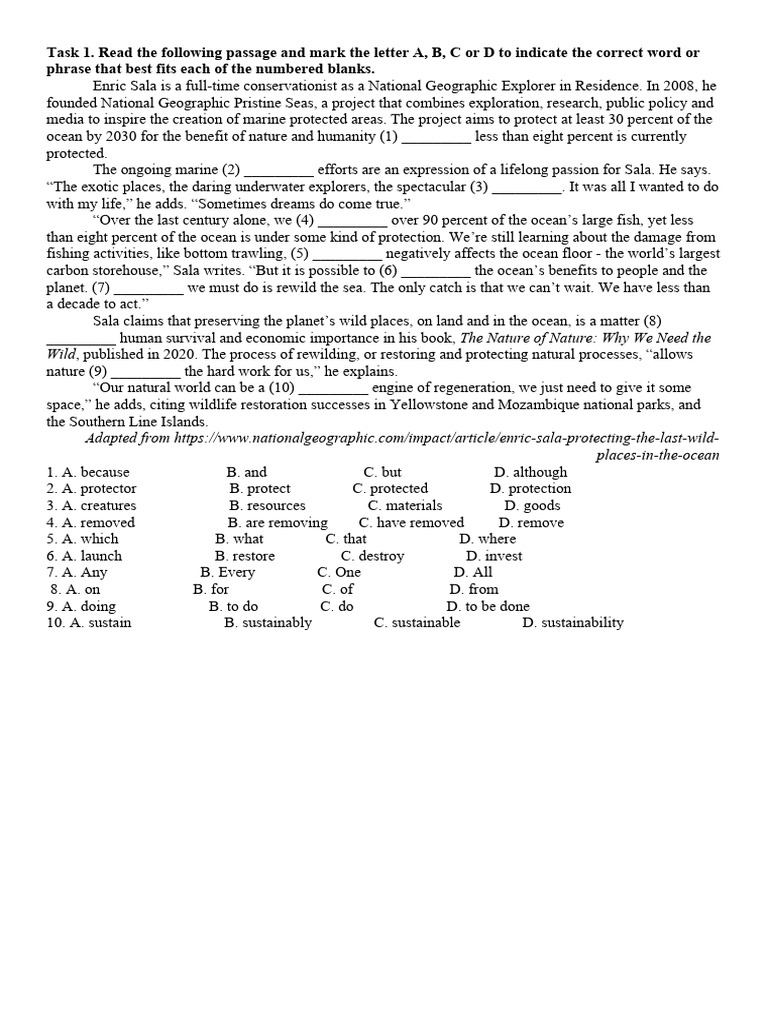 Task 1. Read The Following Passage and Mark The Letter A, B, C or D To Indicate The Correct Word ...