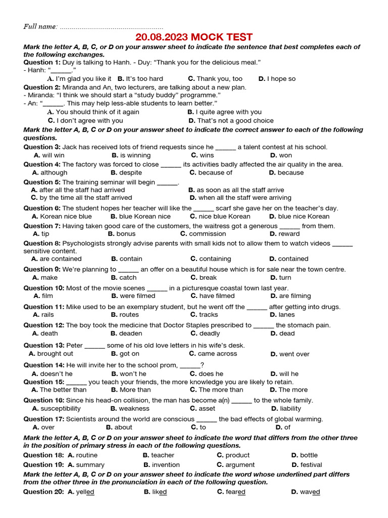 English Mock Test Questions 2023 | PDF | Autism Spectrum | Learning