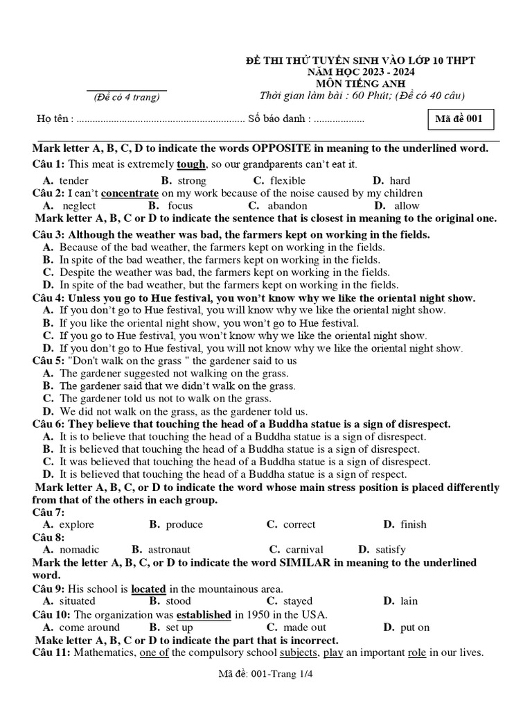 English Practice Test for Grade 10 Entrance | PDF | English Language ...