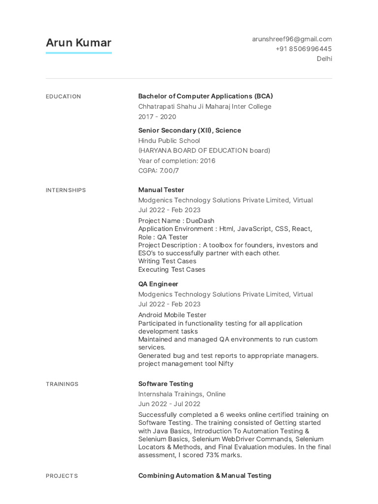 ArunKumar InternshalaResume-5 | PDF | Selenium (Software) | Systems Architecture