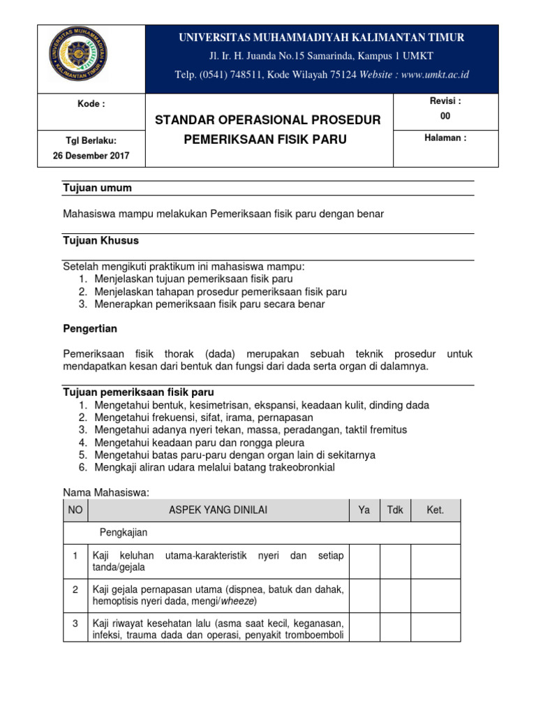 Prosedur Pemeriksaan Fisik Paru | PDF