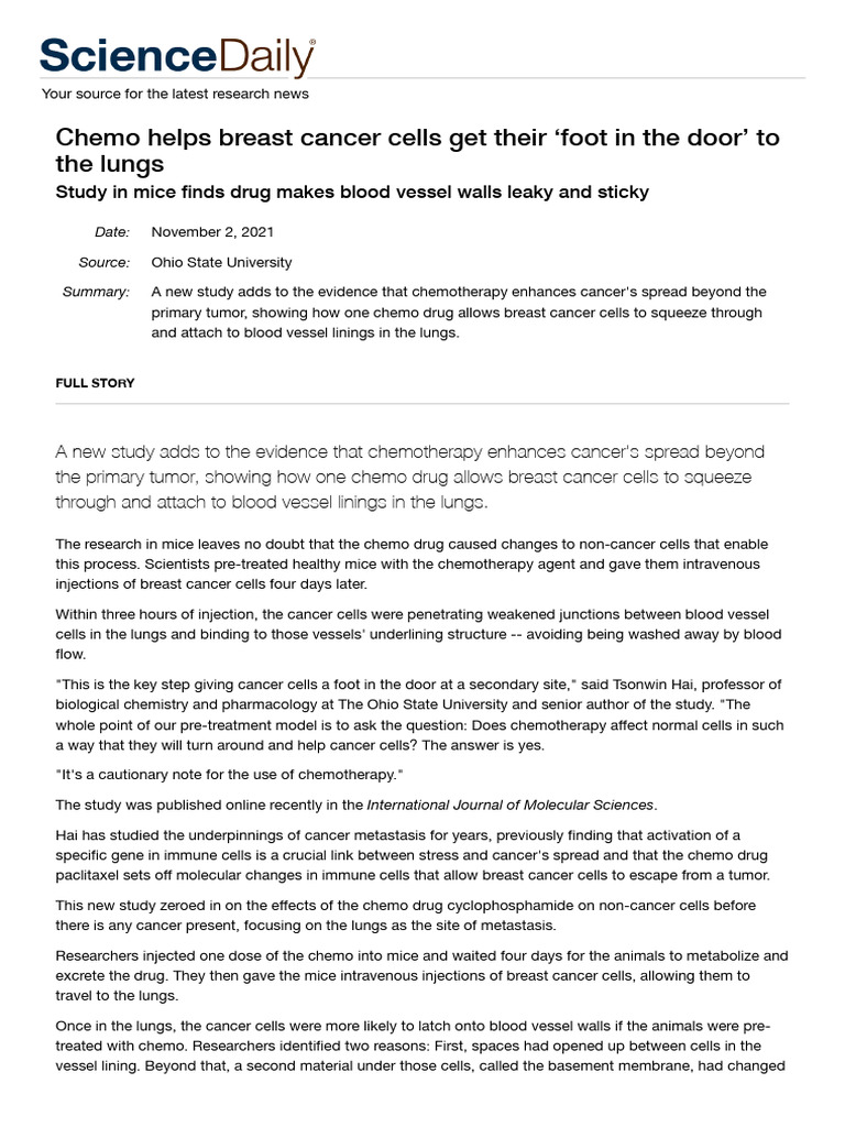 Chemo Helps Breast Cancer Cells Get Their Foot in The Door' To The ...