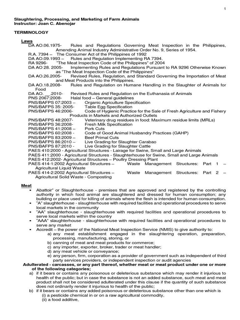 Slaughtering of Animals and Animal Products Processing Notes | PDF ...