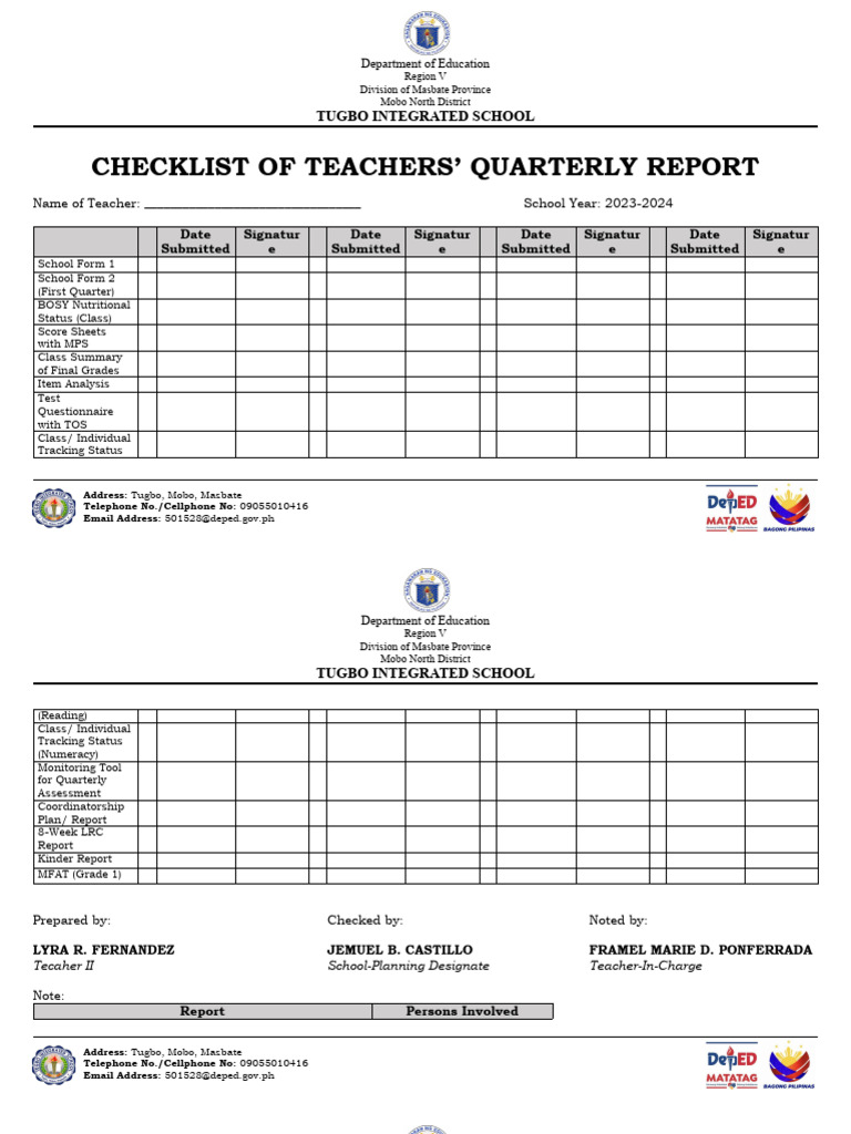 Tugbo School Teachers' Quarterly Report Checklist | PDF