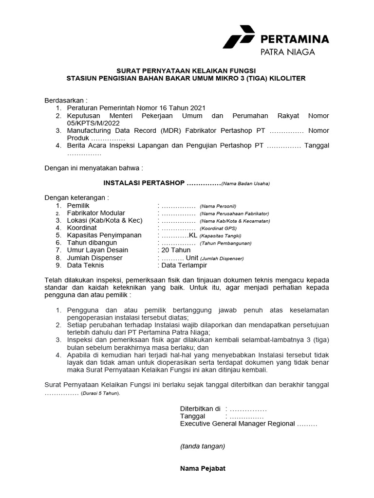 Format Surat Pernyataan Kelayakan Fungsi Pertashop | PDF | Teknologi & Rekayasa