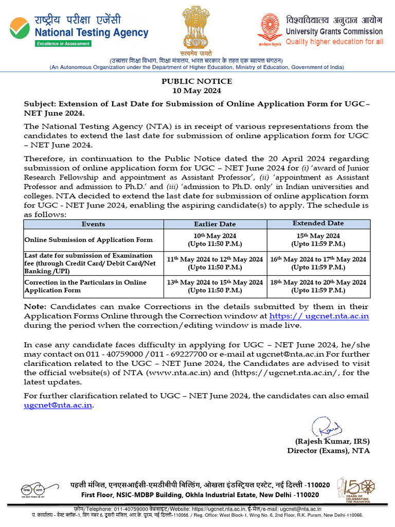 Public Notice For Extension of Dates For Ugc Net June 2024 | PDF ...