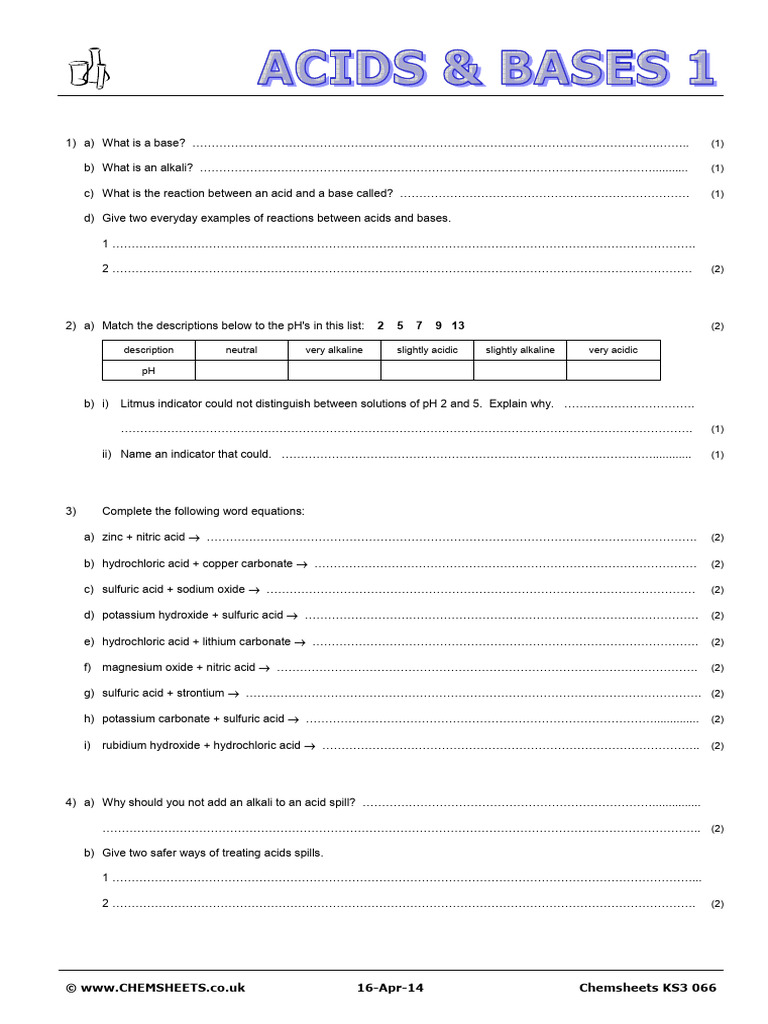 Chemsheets KS3 066 Acids Bases 1 | PDF | Acid | Materials