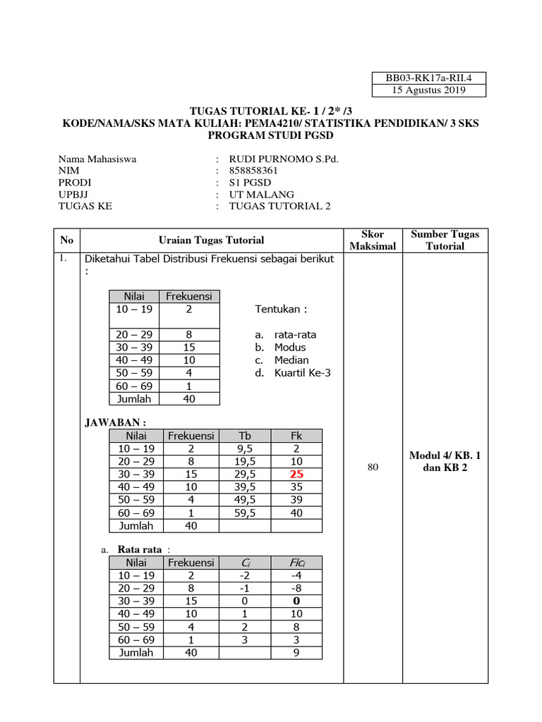 Tugas Tutorial 2 - Statistika Pendidikan - Pema4210 (Rudi Purnomo 858858361) | PDF