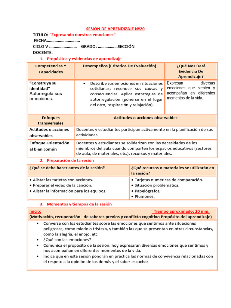 Sesión de Aprendizaje Nº20 | PDF | Las emociones | Aprendizaje