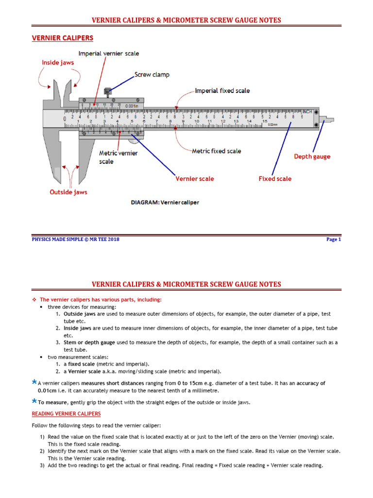 Vernier Calipers and Micrometer Guide | PDF | Length