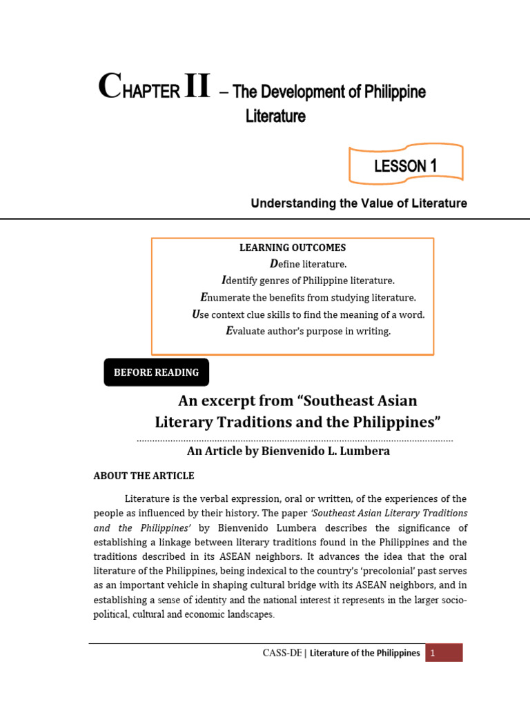 1 Chapter II Lesson 1 Understanding The Value of Philippine Literature | PDF