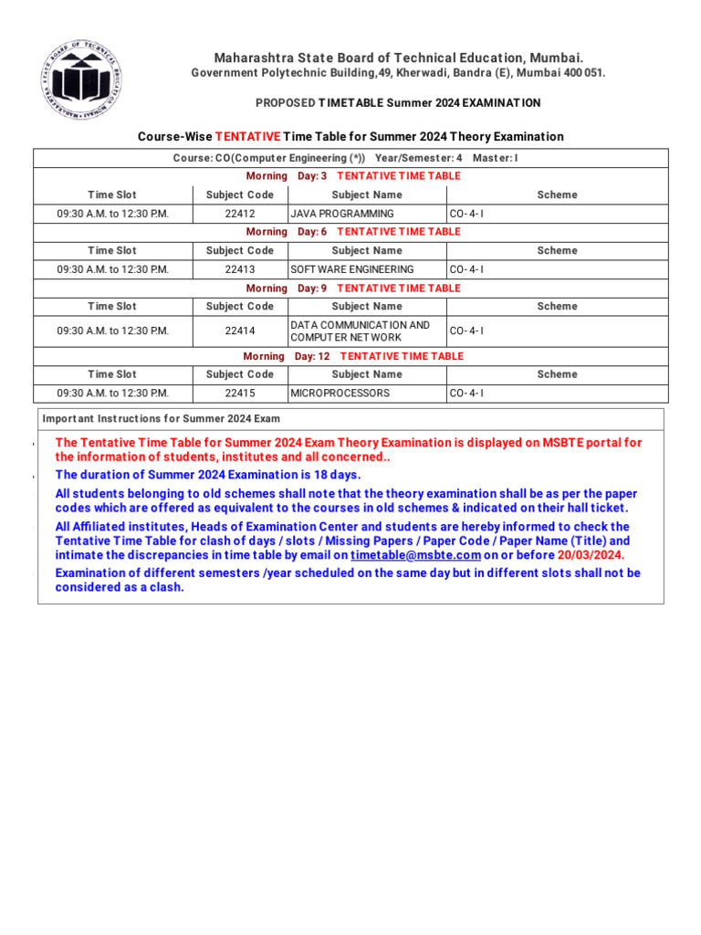 MSBTE Summer 2024 Exam Timetable | PDF