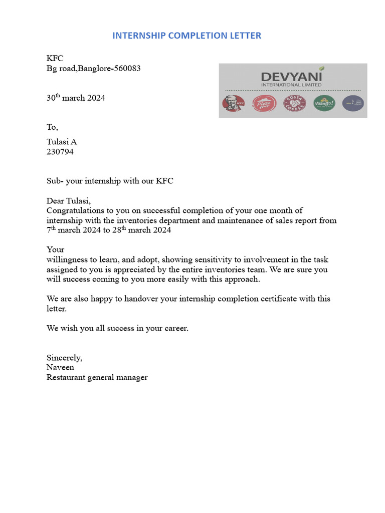 Internship Completion Letter | PDF