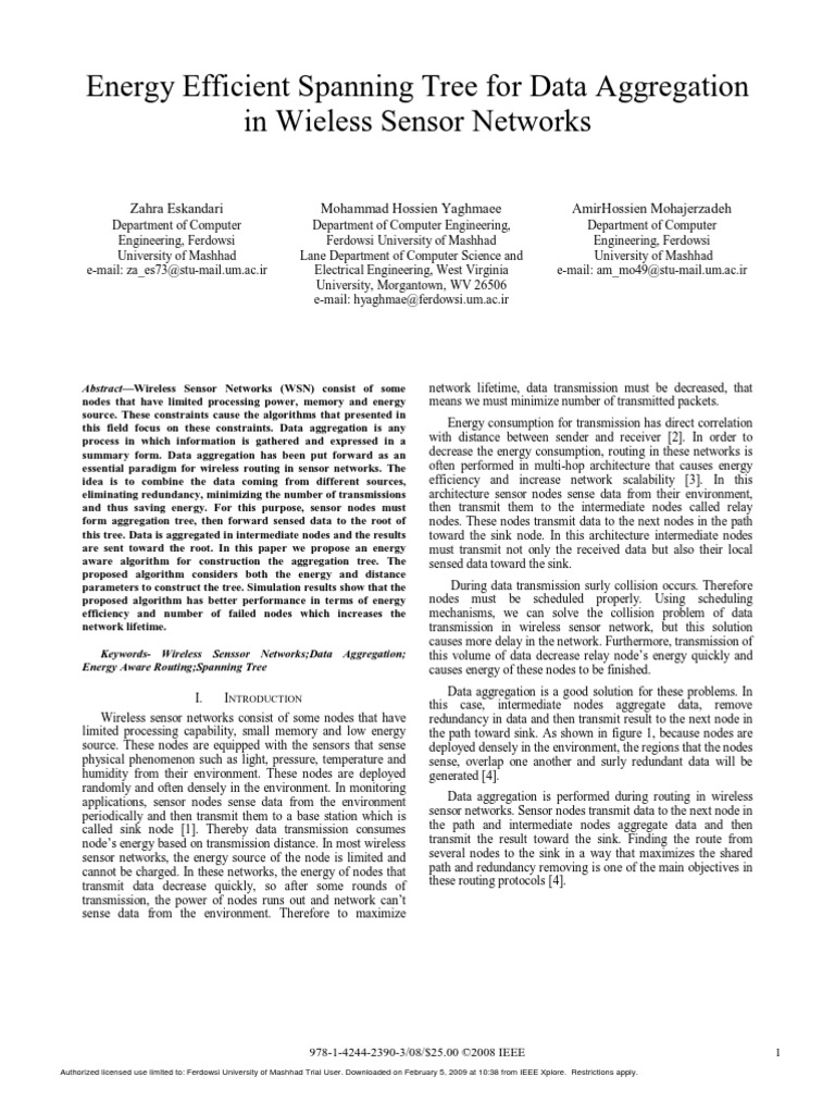 Energy Efficient Spanning Tree For Data Aggregation in Wieless Sensor Networks | PDF | Wireless ...