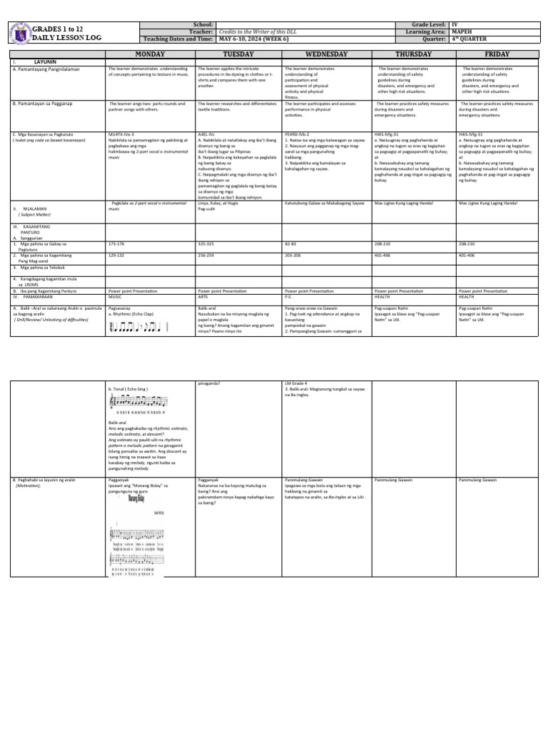 DLL - Mapeh 4 - Q4 - W6 | PDF