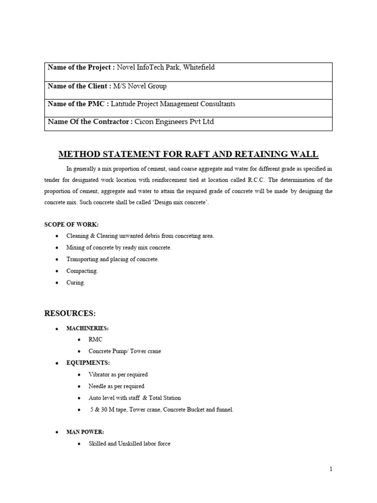 Raft and Retaining Wall Method Statement | PDF | Concrete | Civil ...