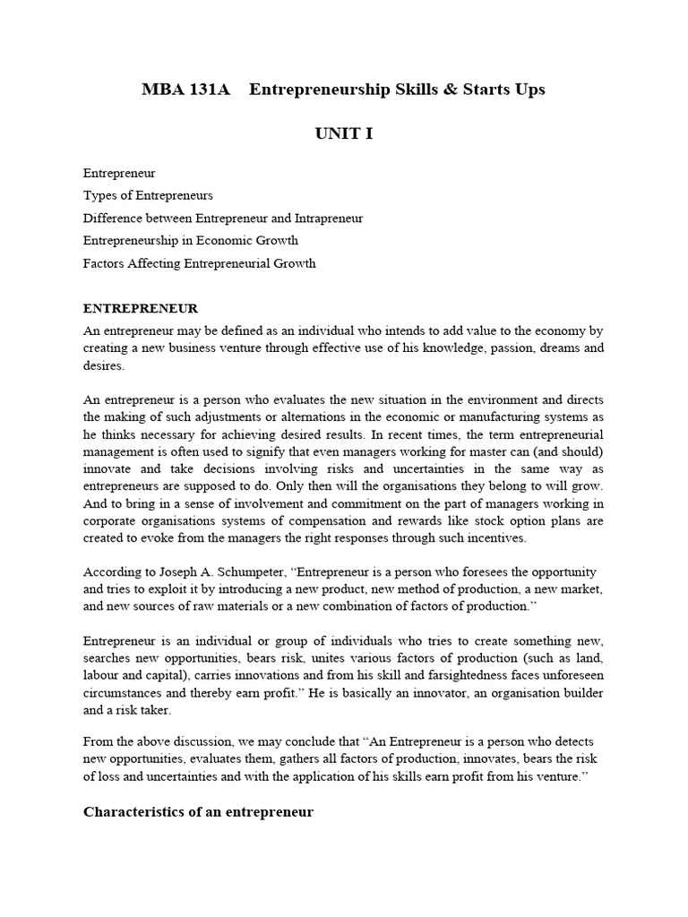 Entrepreneurship Skills and Startups - Unit I | PDF | Entrepreneurship ...
