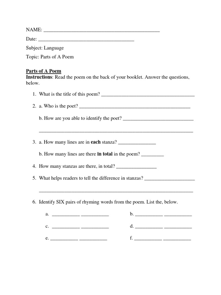 Parts of A Poem Worksheet | PDF