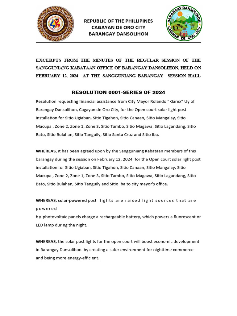 SK Resolution - Appointment of SK Treasurer | PDF | Energy Conversion ...