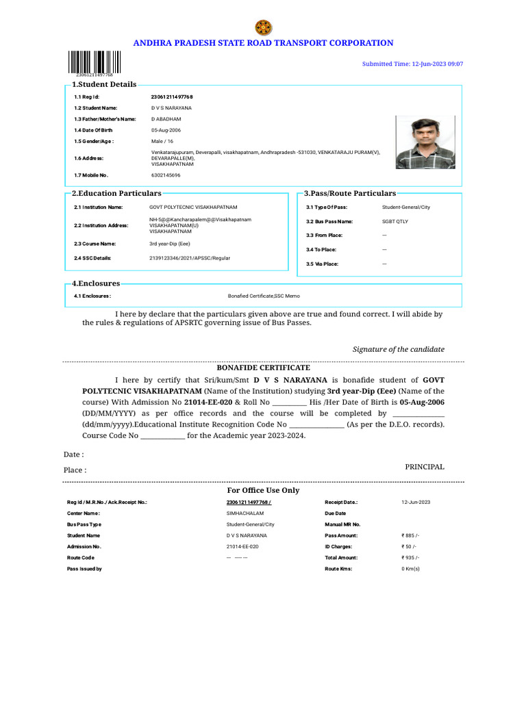 Apsrtc Bus Pass | PDF