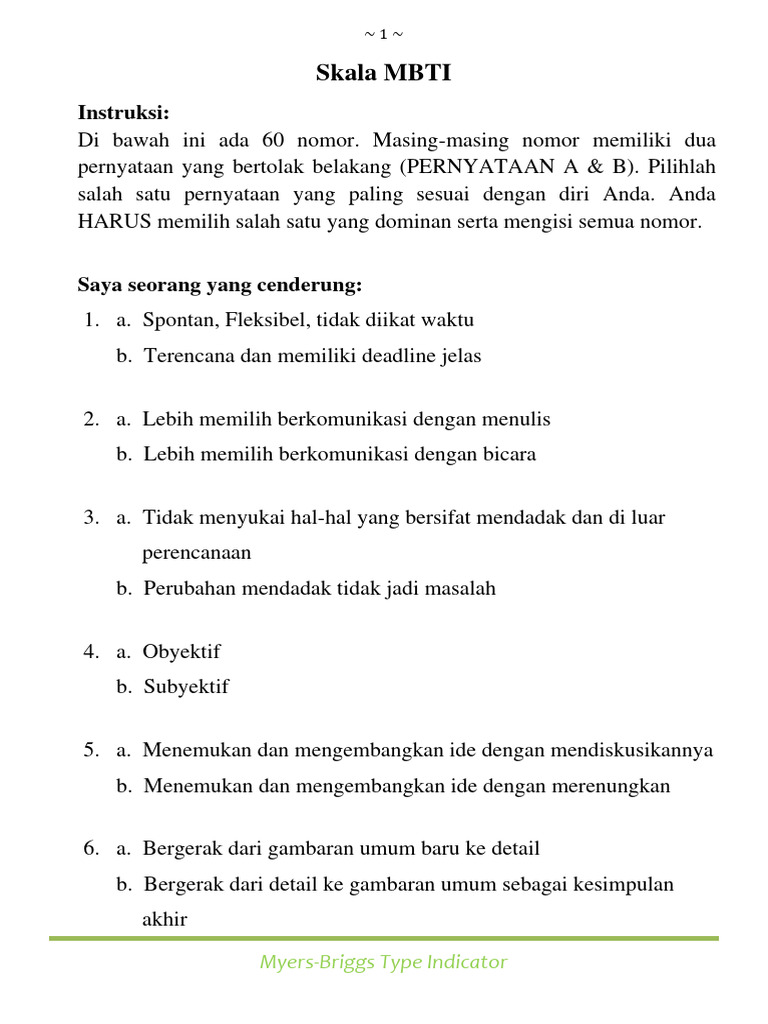 Tes MBTI: Panduan dan Tipe Kepribadian | PDF