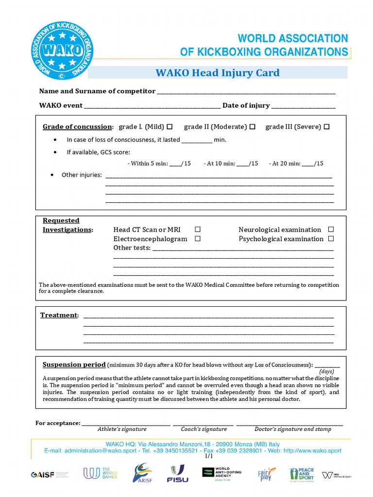 WAKO-Head-Injury-Card-2021-v1-30012021 | PDF | Concussion | Injury