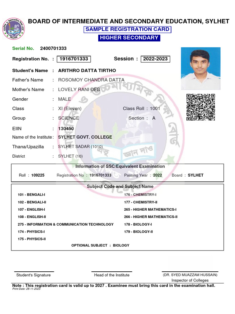 Sylhet HSC Sample Registration Cards | PDF | Schools | Secondary Education