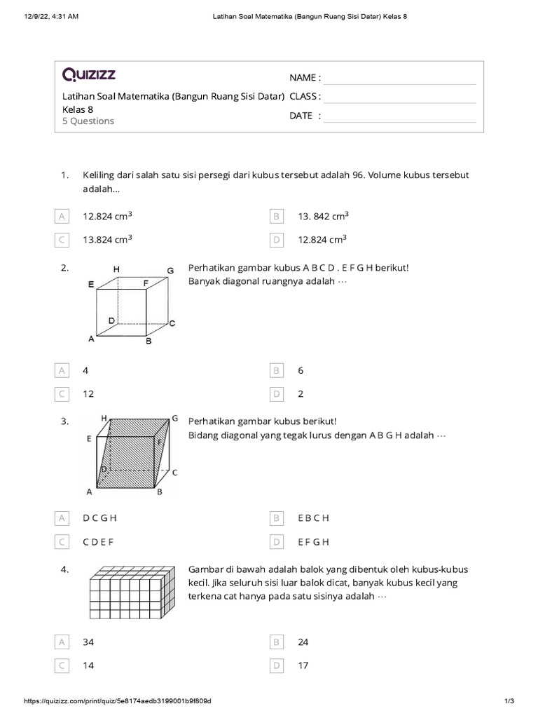 Latihan Soal Matematika (Bangun Ruang Sisi Datar) Kelas 8 | PDF