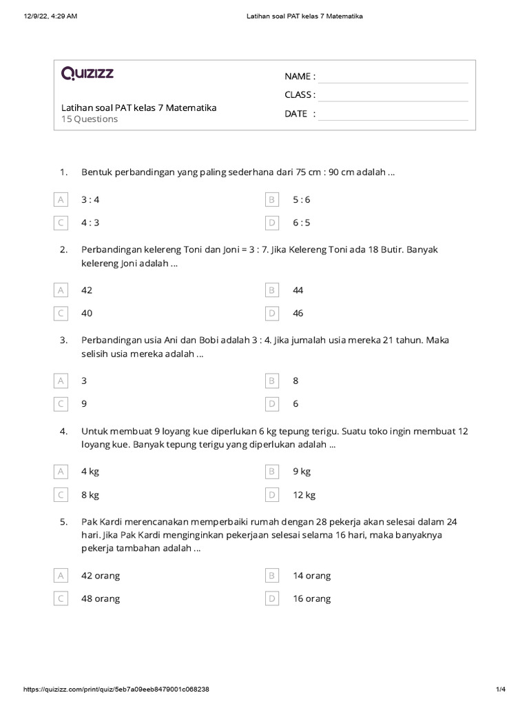 Latihan Soal PAT Kelas 7 Matematika | PDF