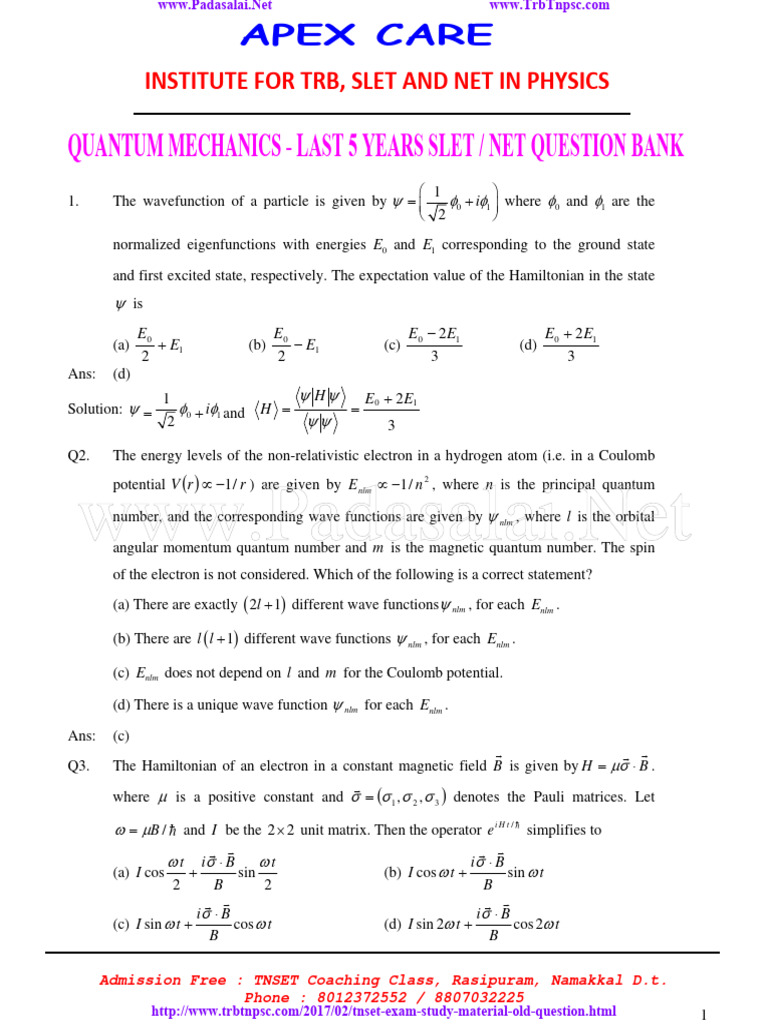 Quantum Mechanics - Last 5 Years Slet / Net Question Bank: Institute For TRB, Slet and Net in ...