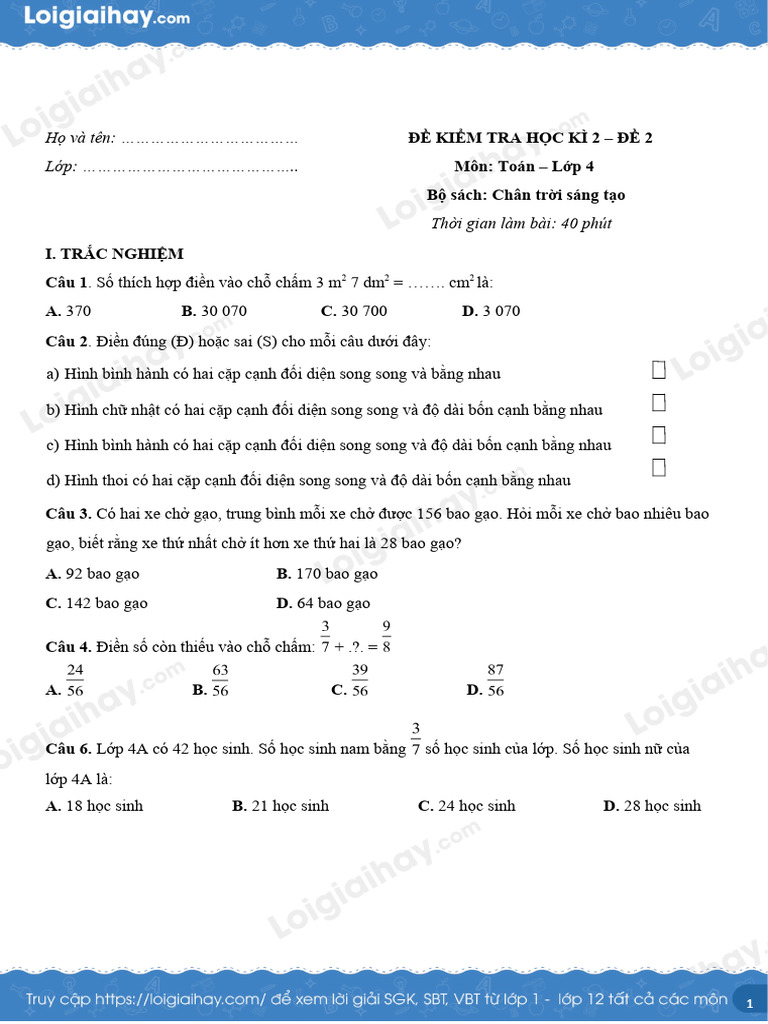 De Kiem Tra Hoc Ki 2 Toan 4 Chan Troi Sang Tao de So 2 1713147903 | PDF