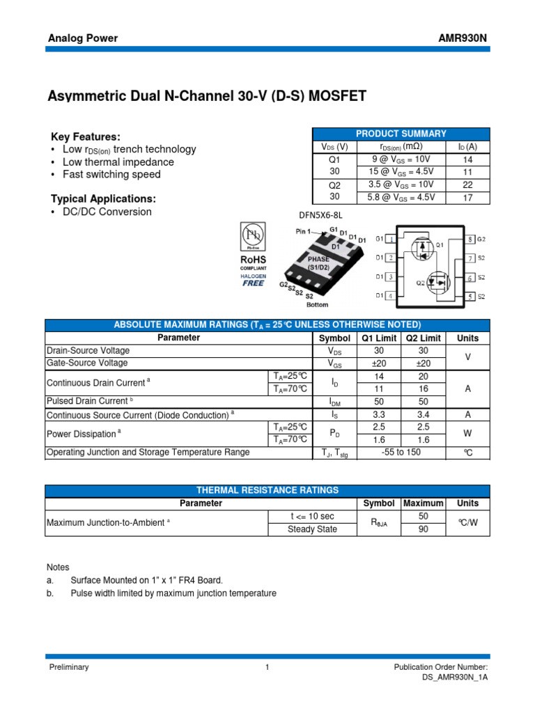 Asymmetric Dual N-Channel 30-V (D-S) MOSFET | Download Free PDF | Field ...