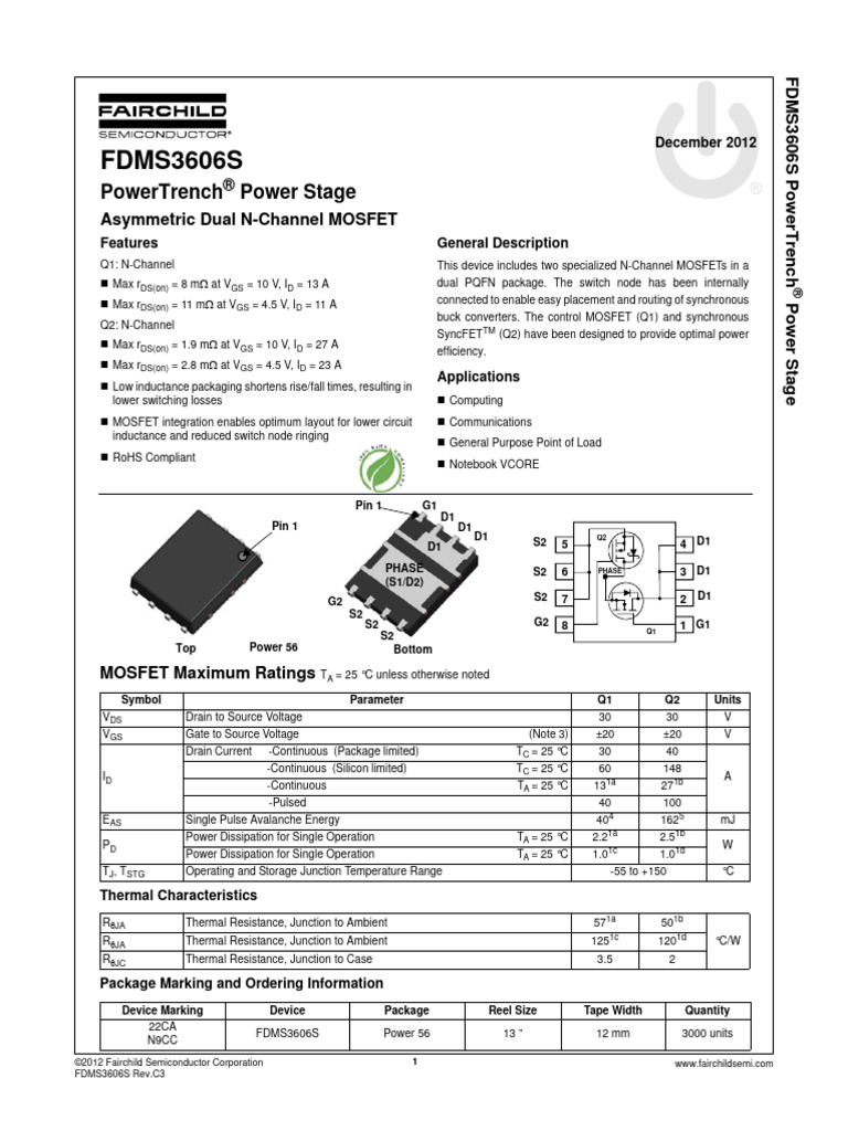 Asymmetric Dual N-Channel MOSFET FDMS3606S | Download Free PDF | Mosfet | Field Effect Transistor