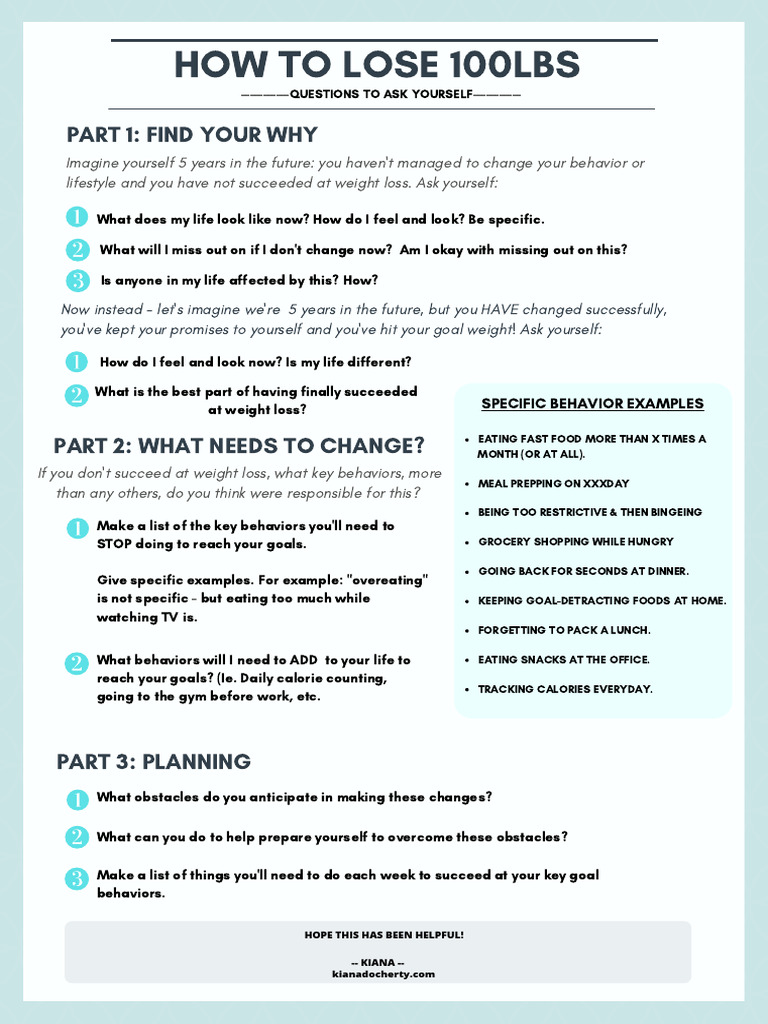 How To Lose 100 Pounds Worksheet | PDF | Meal | Nutrition