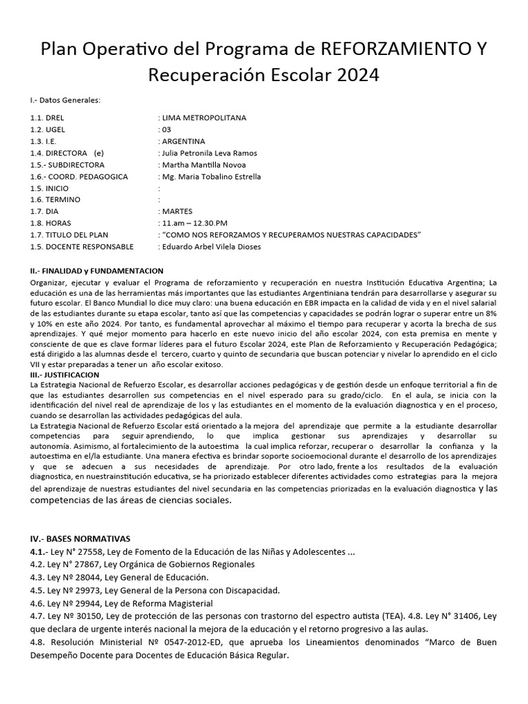 Plan Operativo del Refuerzo Escolar 2024 | PDF | Educación primaria | Evaluación