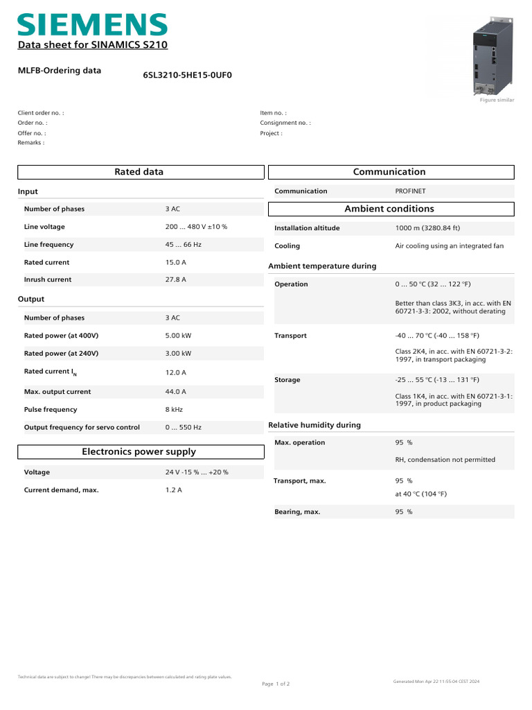 SINAMICS S210 Data Sheet Overview | PDF | Power Supply | Electrical Engineering