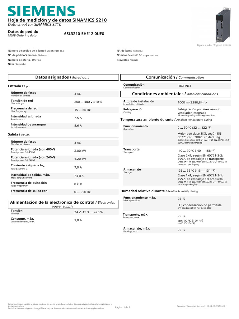 Hoja de datos SINAMICS S210 | PDF | Metrología | Cantidad