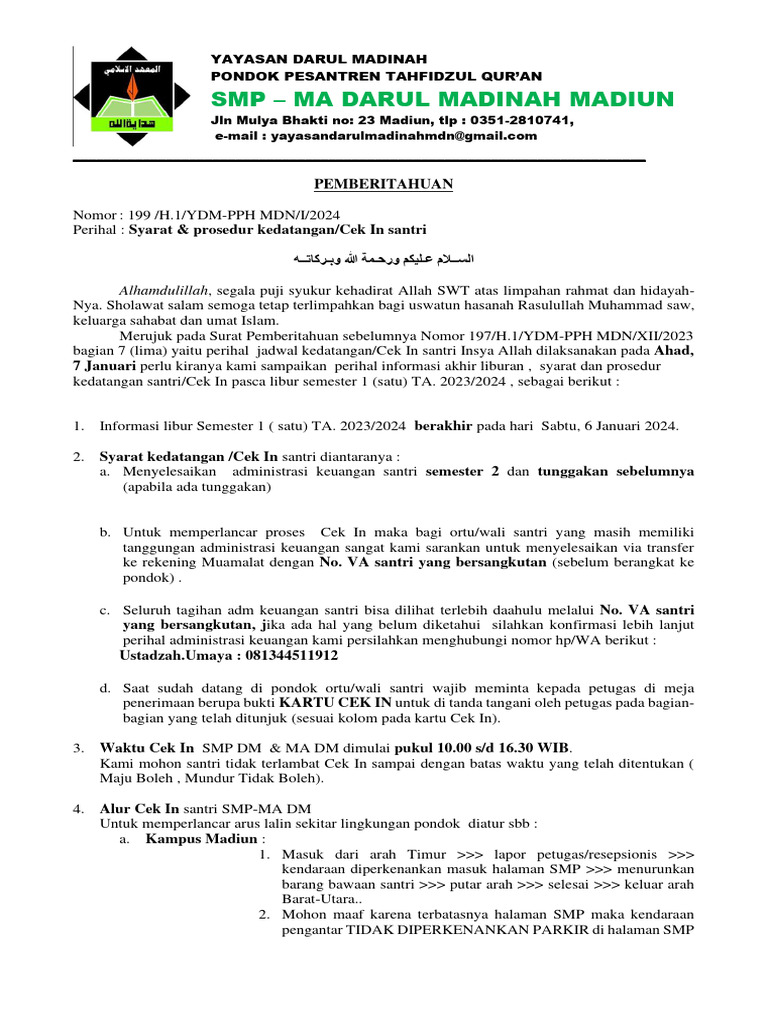 Info Cek in Santri DM 7 Jan 2024 | PDF