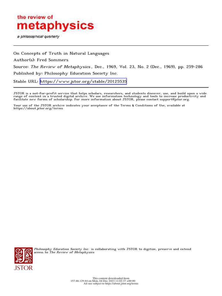 On Concepts of Truth in Natural Languages (Sommers 1969) | PDF | Truth ...