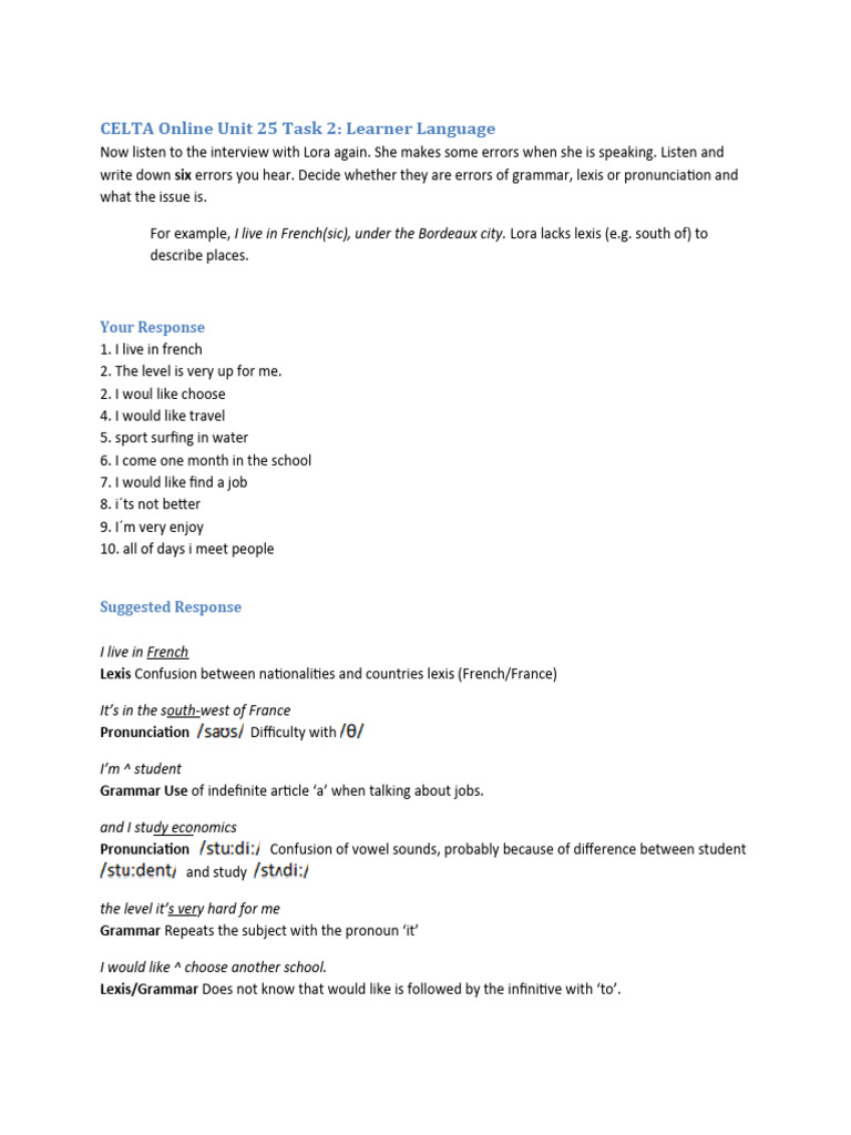 CELTA Online Unit 25 Task 2 - Learner Language | PDF | English Language ...