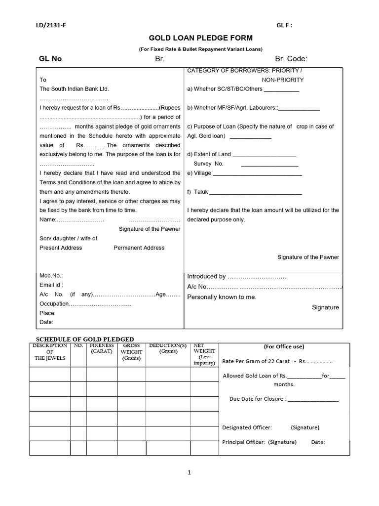 Gold Loan Pledge Form Template | PDF | Loans | Debt